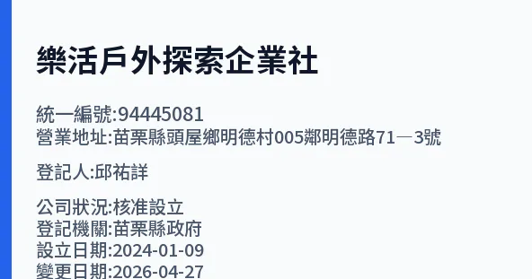 樂活戶外探索企業社的照片-統編 94445081(苗栗縣) 公司登記資料與營業項目詳細圖表