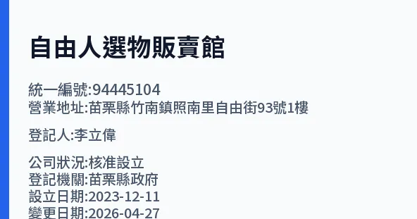 自由人選物販賣館的照片-統編 94445104(苗栗縣) 公司登記資料與營業項目詳細圖表
