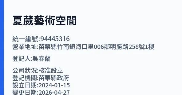 夏葳藝術空間的照片-統編 94445316(苗栗縣) 公司登記資料與營業項目詳細圖表