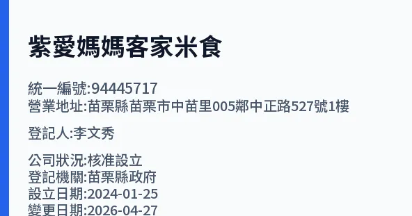 紫愛媽媽客家米食的照片-統編 94445717(苗栗縣) 公司登記資料與營業項目詳細圖表