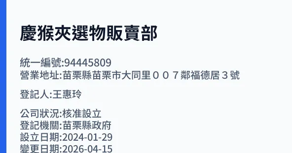 慶猴夾選物販賣部的照片-統編 94445809(苗栗縣) 公司登記資料與營業項目詳細圖表