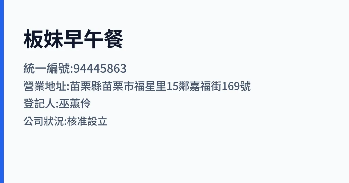 板妹早午餐 - 統編 94445863(苗栗縣) 公司登記資料與營業項目詳細圖表