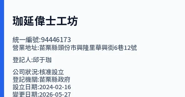 珈延偉士工坊的照片-統編 94446173(苗栗縣) 公司登記資料與營業項目詳細圖表
