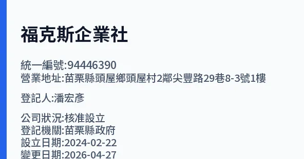 福克斯企業社的照片-統編 94446390(苗栗縣) 公司登記資料與營業項目詳細圖表