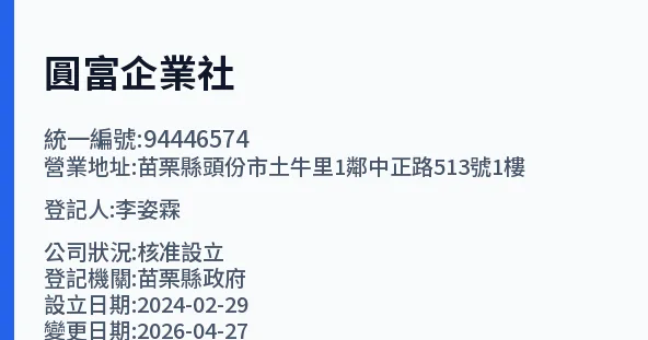 圓富企業社的照片-統編 94446574(苗栗縣) 公司登記資料與營業項目詳細圖表