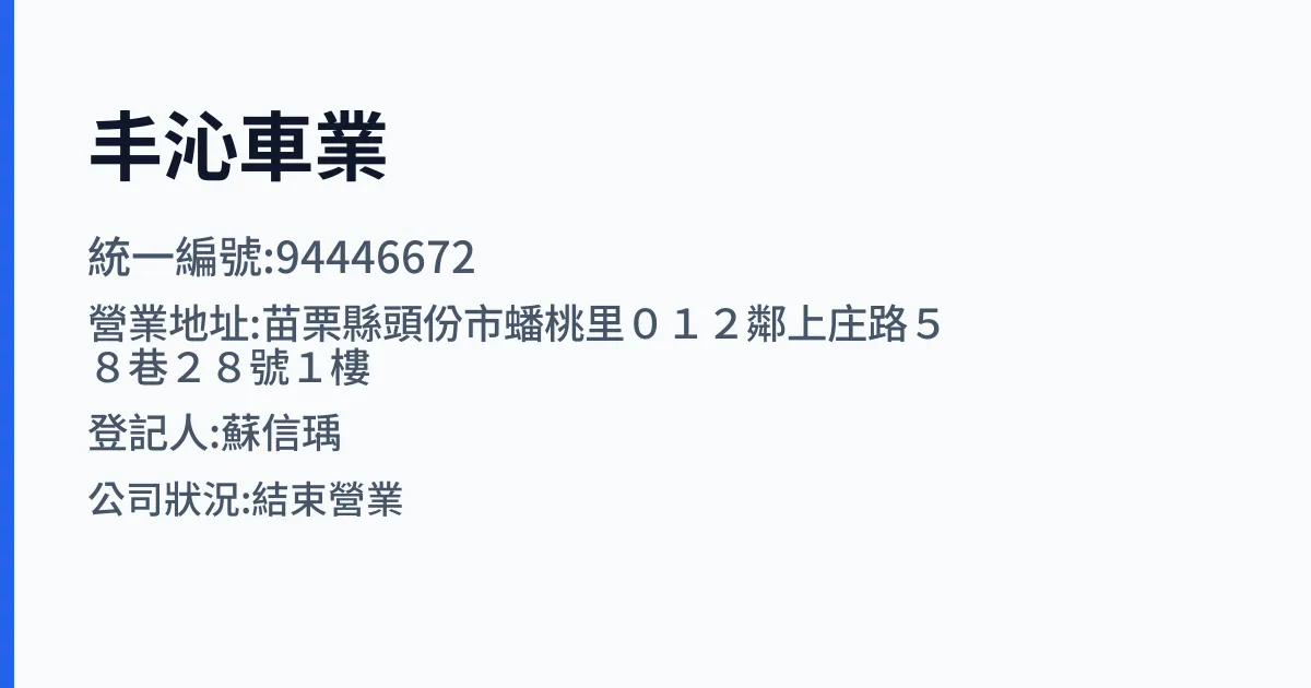 丰沁車業 - 統編 94446672(苗栗縣) 公司登記資料與營業項目詳細圖表