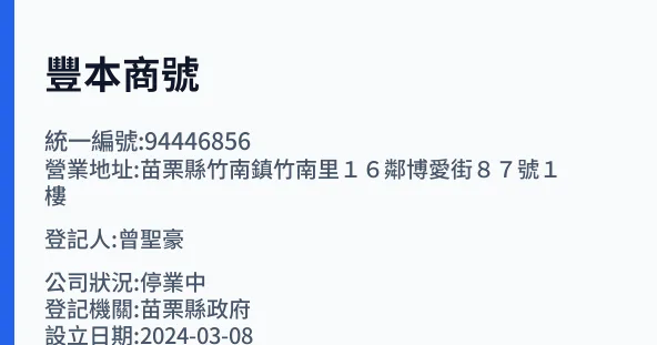 豐本商號的照片-統編 94446856(苗栗縣) 公司登記資料與營業項目詳細圖表