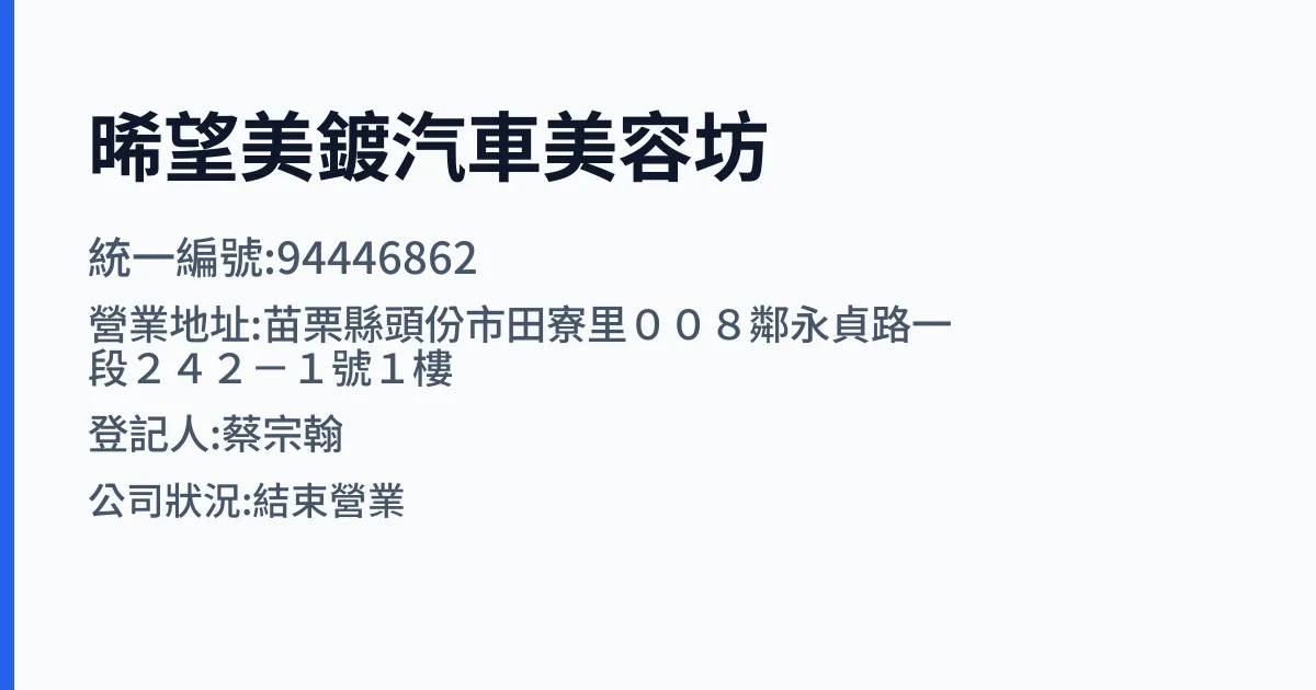 晞望美鍍汽車美容坊 - 統編 94446862(苗栗縣) 公司登記資料與營業項目詳細圖表