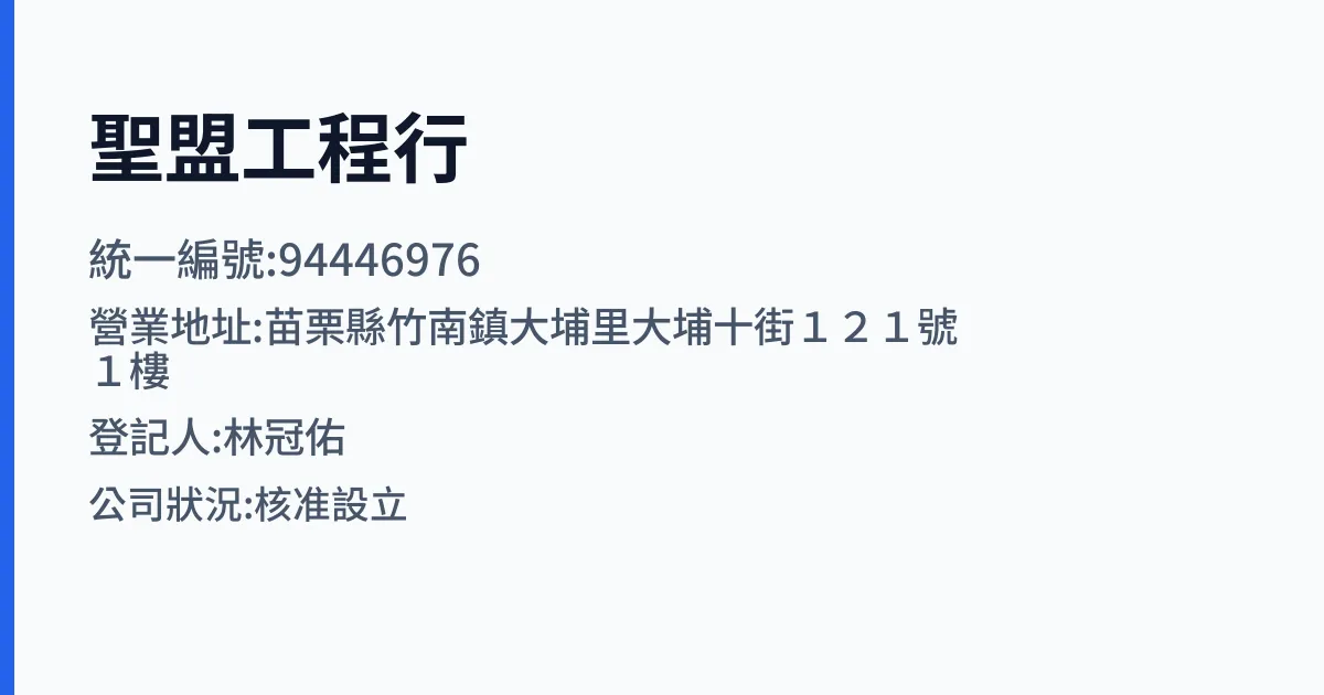 聖盟工程行 - 統編 94446976(苗栗縣) 公司登記資料與營業項目詳細圖表