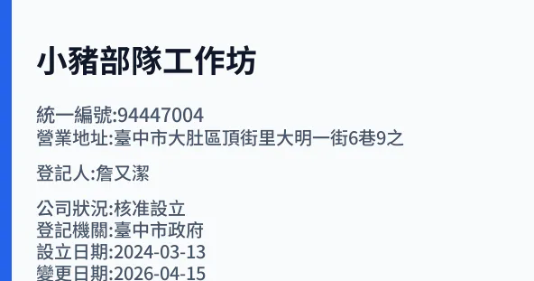 小豬部隊工作坊的照片-統編 94447004(苗栗縣) 公司登記資料與營業項目詳細圖表