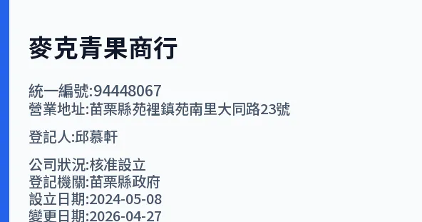麥克青果商行的照片-統編 94448067(苗栗縣) 公司登記資料與營業項目詳細圖表