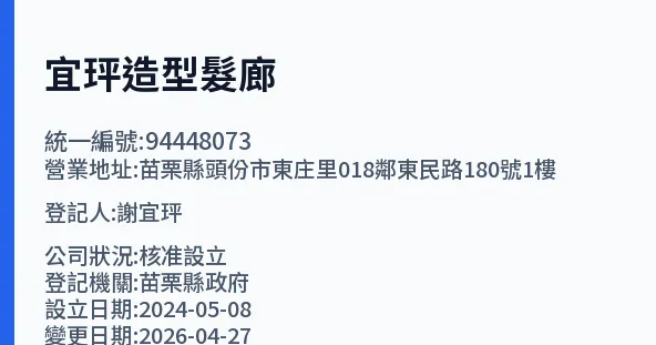 宜玶造型髮廊的照片-統編 94448073(苗栗縣) 公司登記資料與營業項目詳細圖表