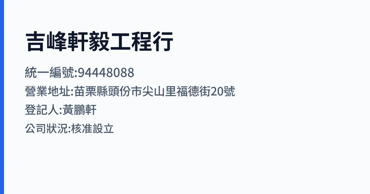 吉峰軒毅工程行 - 統編 94448088(苗栗縣) 公司登記資料與營業項目詳細圖表