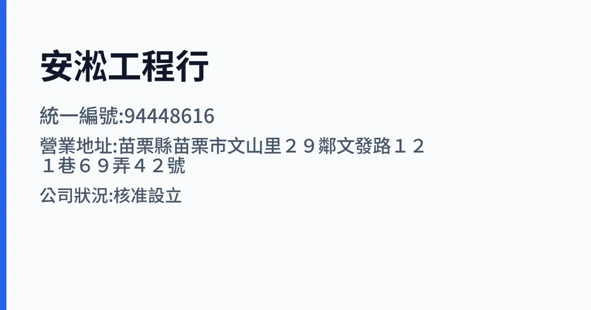 安淞工程行 - 統編 94448616(苗栗縣) 公司登記資料與營業項目詳細圖表