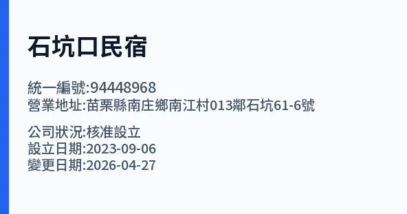 石坑口民宿的照片-統編 94448968(苗栗縣) 公司登記資料與營業項目詳細圖表