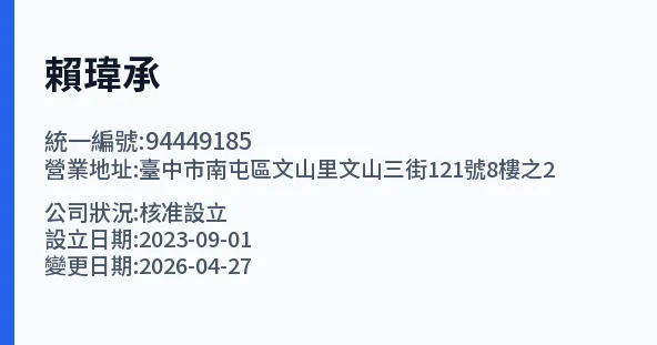 賴瑋承的照片-統編 94449185(臺中市) 公司登記資料與營業項目詳細圖表
