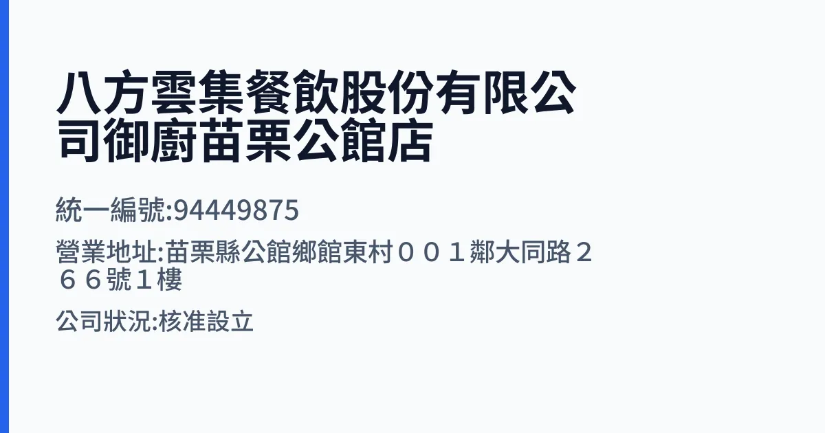 八方雲集餐飲股份有限公司御廚苗栗公館店 - 統編 94449875(苗栗縣) 公司登記資料與營業項目詳細圖表
