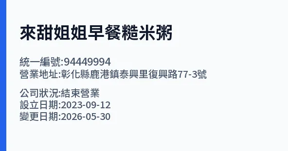 來甜姐姐早餐糙米粥的照片-統編 94449994(彰化縣) 公司登記資料與營業項目詳細圖表