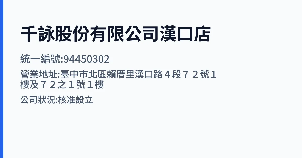 千詠股份有限公司漢口店 - 統編 94450302（臺中市） 公司登記資料與營業項目詳細圖表