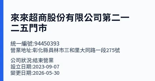 來來超商股份有限公司第二一二五門市的照片-統編 94450393(彰化縣) 公司登記資料與營業項目詳細圖表