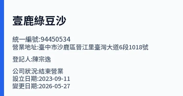 壹鹿綠豆沙的照片-統編 94450534(臺中市) 公司登記資料與營業項目詳細圖表