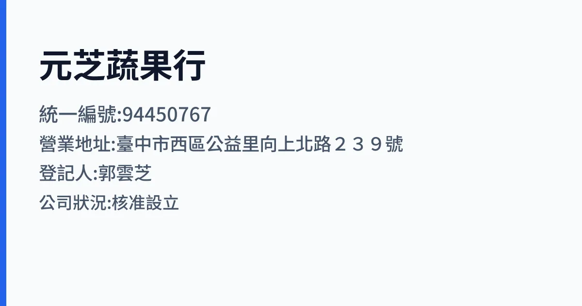 元芝蔬果行 - 統編 94450767（臺中市） 公司登記資料與營業項目詳細圖表