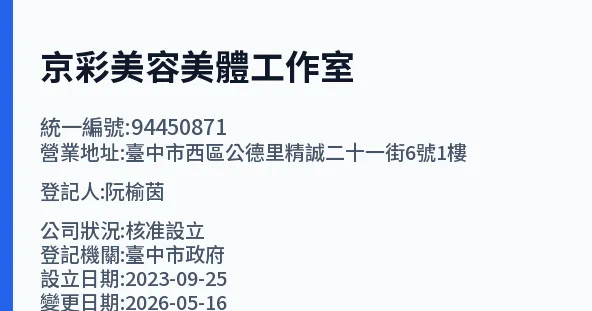京彩美容美體工作室的照片-統編 94450871(臺中市) 公司登記資料與營業項目詳細圖表