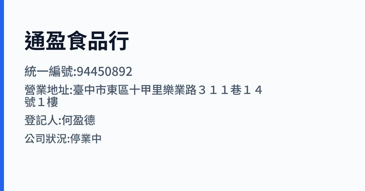 通盈食品行 - 統編 94450892(臺中市) 公司登記資料與營業項目詳細圖表