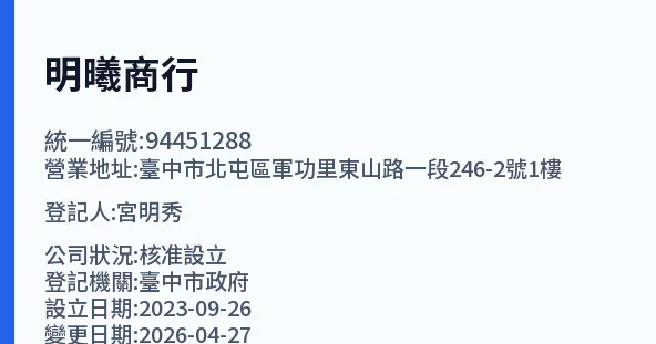 明曦商行的照片-統編 94451288(臺中市) 公司登記資料與營業項目詳細圖表