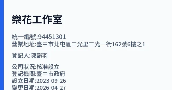 樂花工作室的照片-統編 94451301(臺中市) 公司登記資料與營業項目詳細圖表