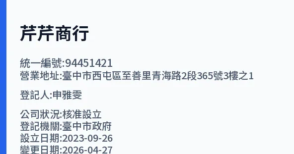 芹芹商行的照片-統編 94451421(臺中市) 公司登記資料與營業項目詳細圖表
