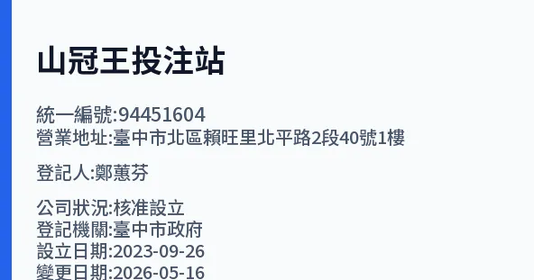 山冠王投注站的照片-統編 94451604(臺中市) 公司登記資料與營業項目詳細圖表