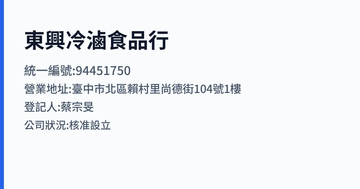 東興冷滷食品行 - 統編 94451750(臺中市) 公司登記資料與營業項目詳細圖表