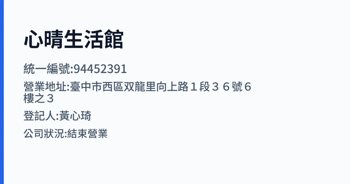 心晴生活館 - 統編 94452391(臺中市) 公司登記資料與營業項目詳細圖表