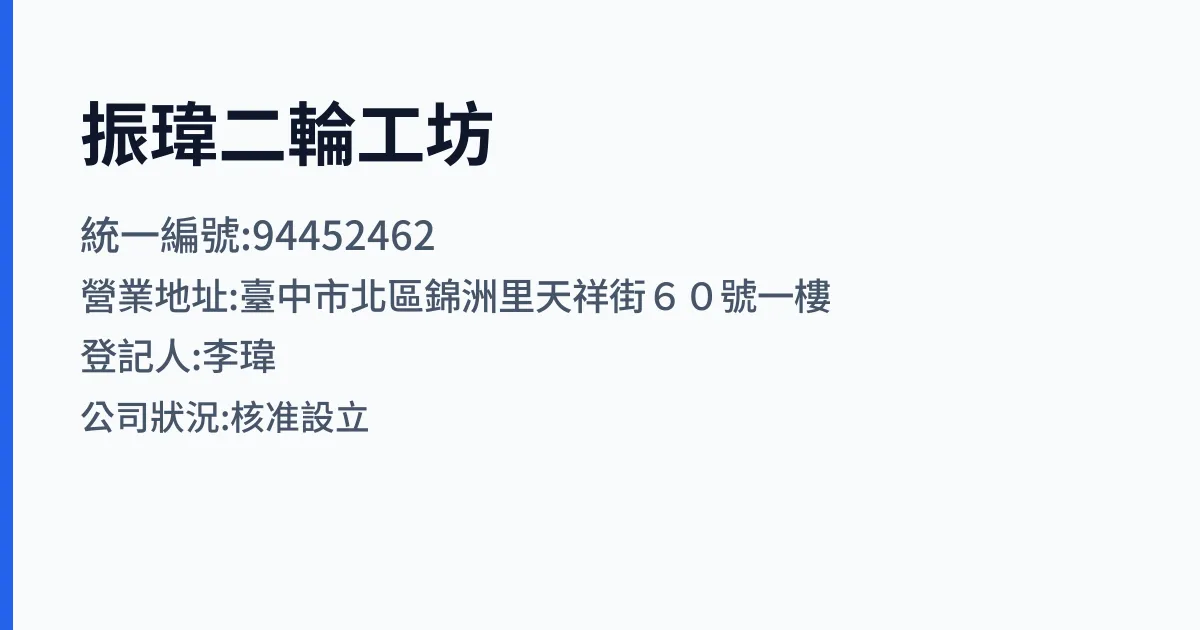 振瑋二輪工坊 - 統編 94452462(臺中市) 公司登記資料與營業項目詳細圖表