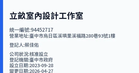 立畝室內設計工作室的照片-統編 94452717(臺中市) 公司登記資料與營業項目詳細圖表