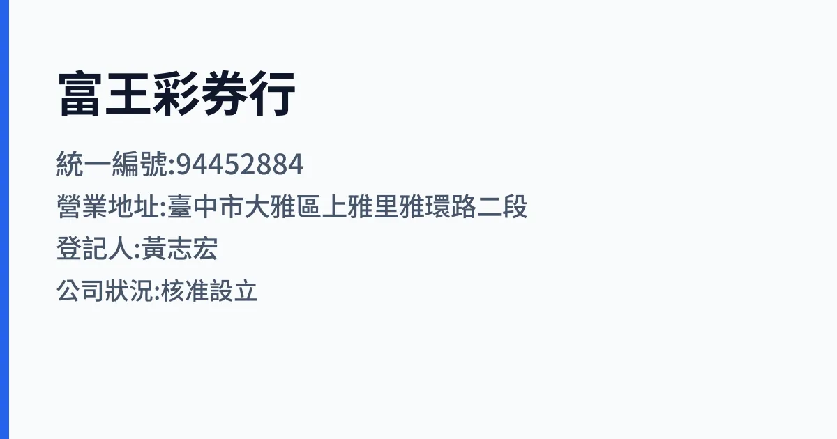 富王彩券行 - 統編 94452884(臺中市) 公司登記資料與營業項目詳細圖表