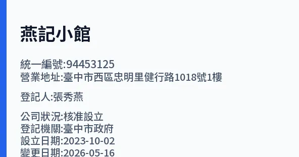 燕記小館的照片-統編 94453125(臺中市) 公司登記資料與營業項目詳細圖表