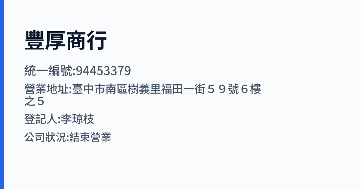 豐厚商行 - 統編 94453379(臺中市) 公司登記資料與營業項目詳細圖表