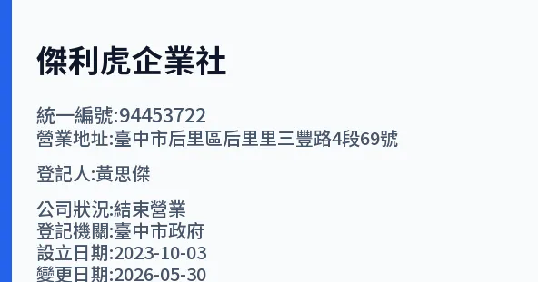 傑利虎企業社的照片-統編 94453722(臺中市) 公司登記資料與營業項目詳細圖表