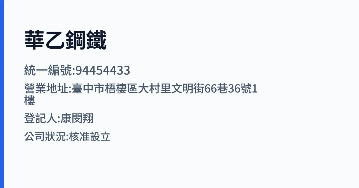 華乙鋼鐵 - 統編 94454433（臺中市） 公司登記資料與營業項目詳細圖表