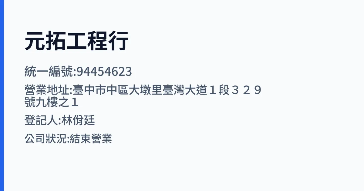 元拓工程行 - 統編 94454623(臺中市) 公司登記資料與營業項目詳細圖表