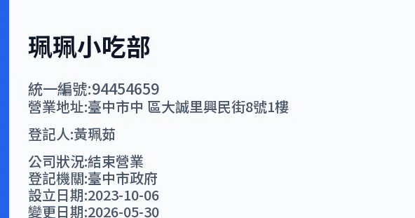 珮珮小吃部的照片-統編 94454659(臺中市) 公司登記資料與營業項目詳細圖表
