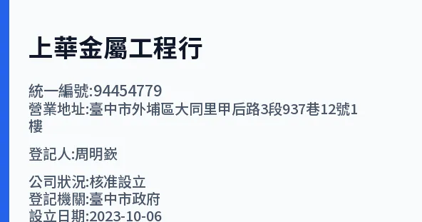 上華金屬工程行的照片-統編 94454779(臺中市) 公司登記資料與營業項目詳細圖表