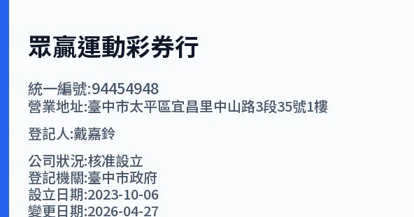 眾贏運動彩券行的照片-統編 94454948(臺中市) 公司登記資料與營業項目詳細圖表