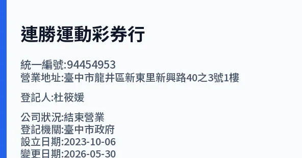 連勝運動彩券行的照片-統編 94454953(臺中市) 公司登記資料與營業項目詳細圖表