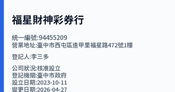 福星財神彩券行的照片-統編 94455209(臺中市) 公司登記資料與營業項目詳細圖表