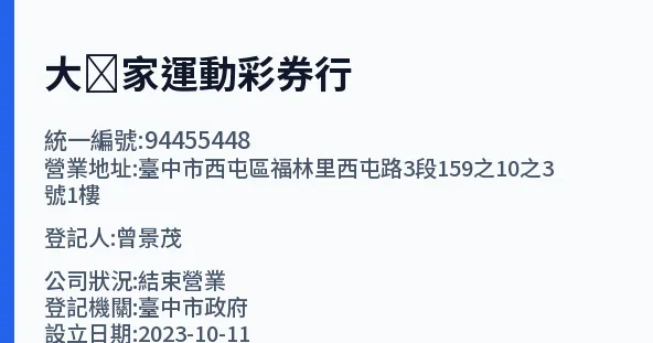 大赢家運動彩券行的照片-統編 94455448(臺中市) 公司登記資料與營業項目詳細圖表
