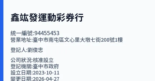 鑫竑發運動彩券行的照片-統編 94455453(臺中市) 公司登記資料與營業項目詳細圖表