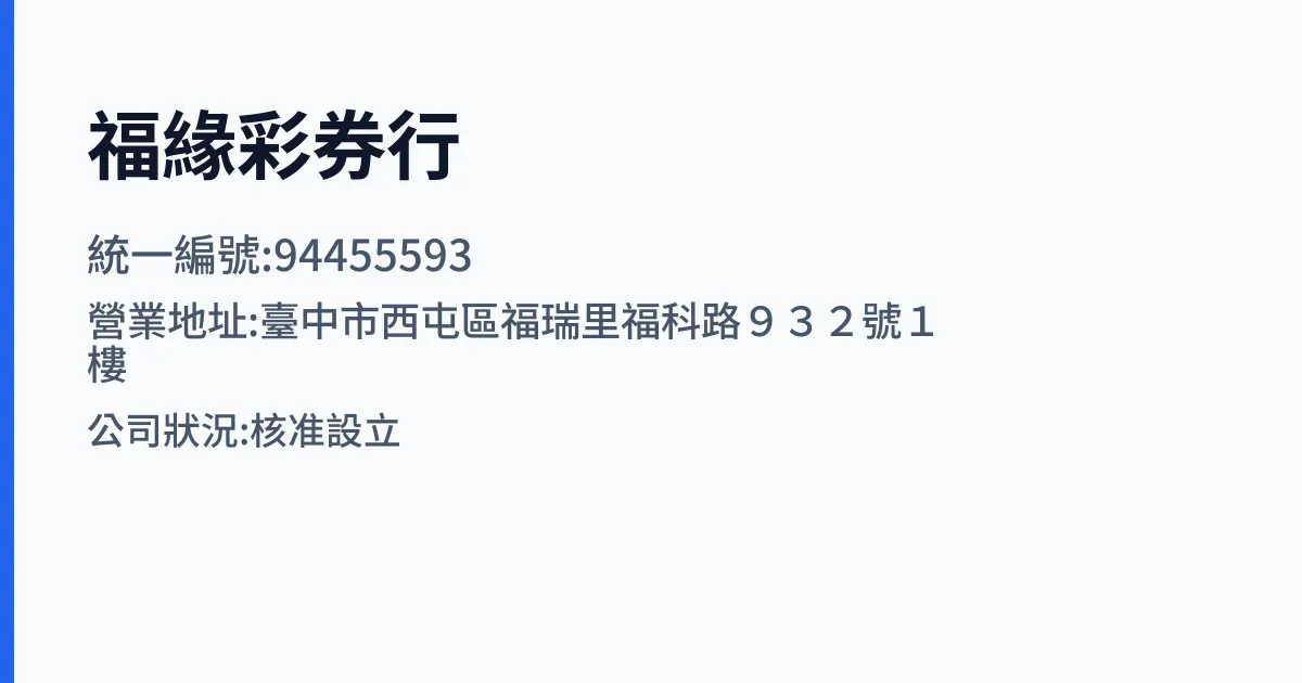 福緣彩券行 - 統編 94455593(臺中市) 公司登記資料與營業項目詳細圖表
